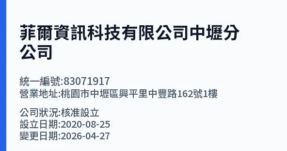 菲爾資訊科技有限公司中壢分公司的照片-統編 83071917(桃園市) 公司登記資料與營業項目詳細圖表