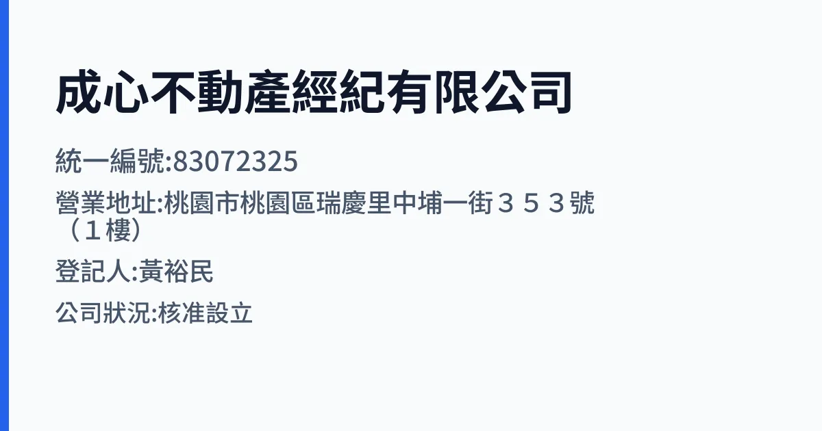 成心不動產經紀有限公司 - 統編 83072325(桃園市) 公司登記資料與營業項目詳細圖表