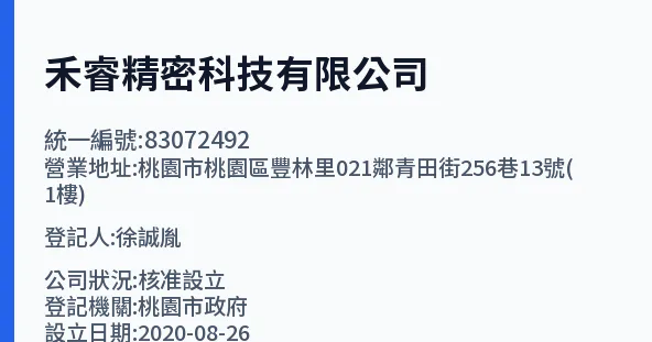 禾睿精密科技有限公司的照片-統編 83072492(桃園市) 公司登記資料與營業項目詳細圖表