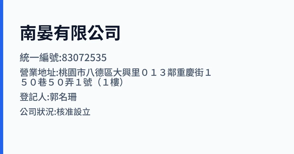 南晏有限公司 - 統編 83072535(桃園市) 公司登記資料與營業項目詳細圖表