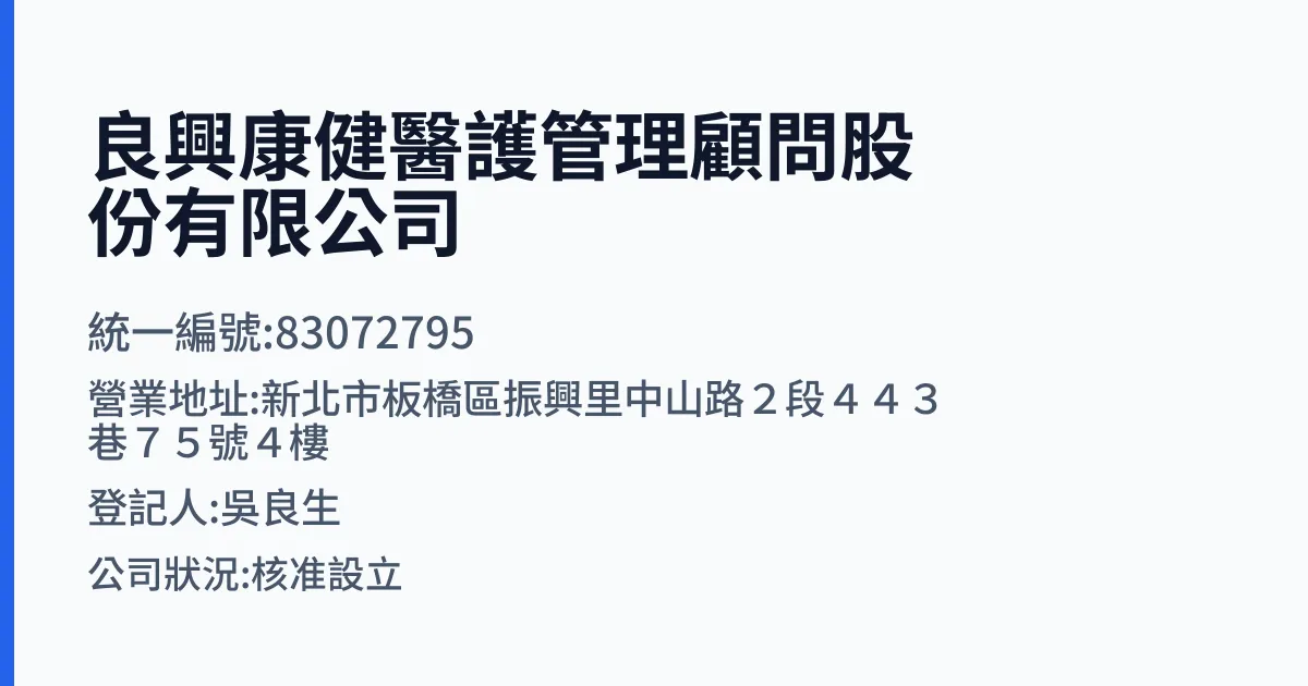 良興康健醫護管理顧問股份有限公司 - 統編 83072795(新北市) 公司登記資料與營業項目詳細圖表