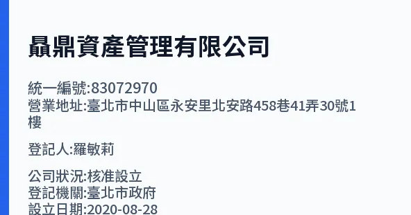 贔鼎資產管理有限公司的照片-統編 83072970(臺北市) 公司登記資料與營業項目詳細圖表