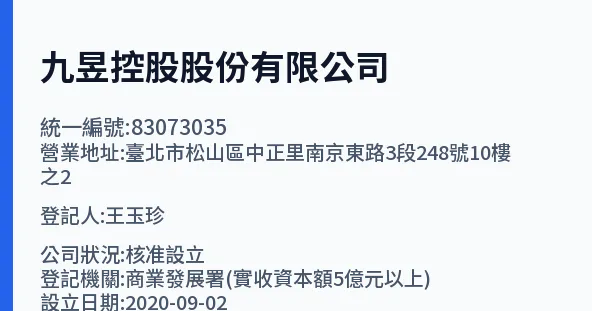 九昱控股股份有限公司的照片-統編 83073035(臺北市) 公司登記資料與營業項目詳細圖表