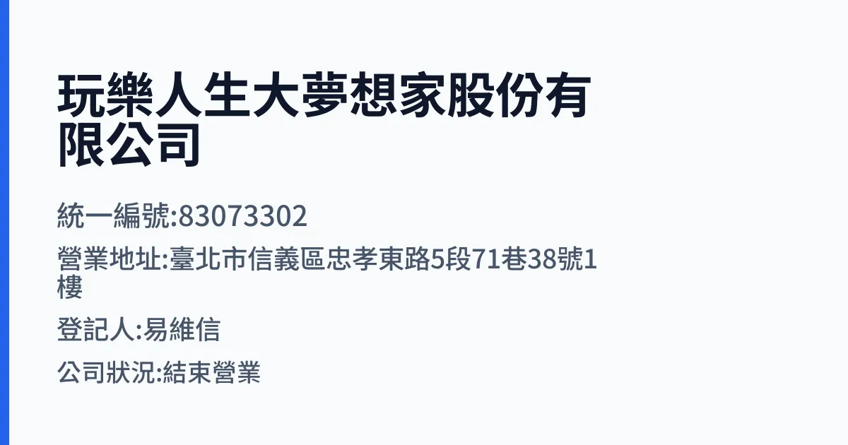 玩樂人生大夢想家股份有限公司 - 統編 83073302(臺北市) 公司登記資料與營業項目詳細圖表