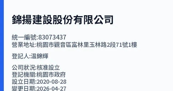 錦揚建設股份有限公司的照片-統編 83073437(桃園市) 公司登記資料與營業項目詳細圖表
