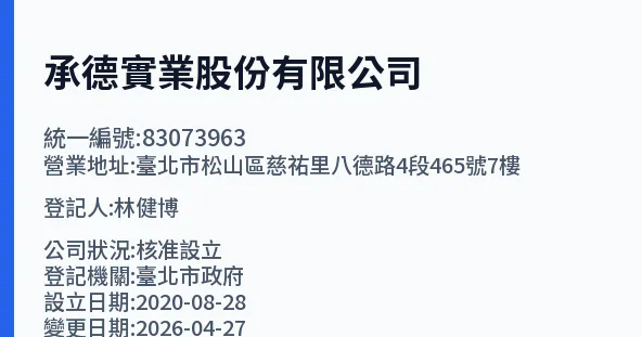 承德實業股份有限公司的照片-統編 83073963(臺北市) 公司登記資料與營業項目詳細圖表