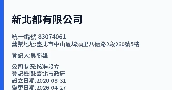 新北都有限公司的照片-統編 83074061(臺北市) 公司登記資料與營業項目詳細圖表