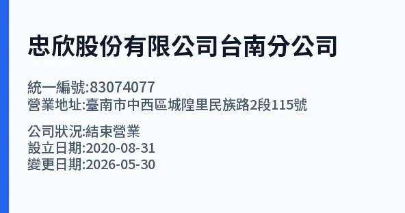 忠欣股份有限公司台南分公司的照片-統編 83074077(臺南市) 公司登記資料與營業項目詳細圖表