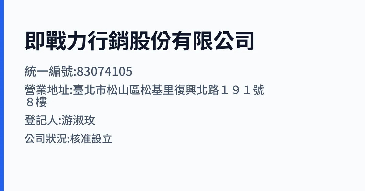 即戰力行銷股份有限公司 - 統編 83074105(臺北市) 公司登記資料與營業項目詳細圖表