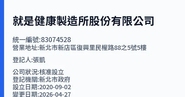 就是健康製造所股份有限公司的照片-統編 83074528(新北市) 公司登記資料與營業項目詳細圖表
