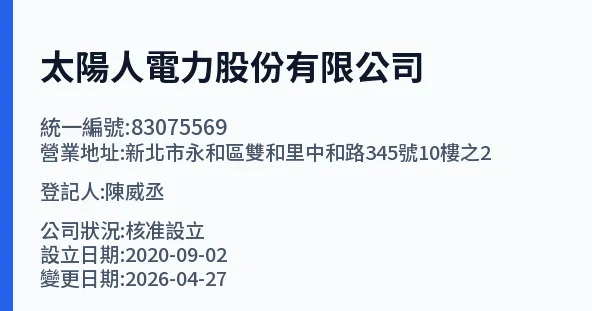 太陽人電力股份有限公司的照片-統編 83075569(新北市) 公司登記資料與營業項目詳細圖表