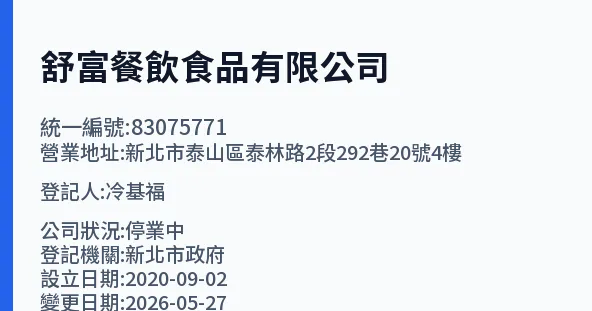 舒富餐飲食品有限公司的照片-統編 83075771(新北市) 公司登記資料與營業項目詳細圖表