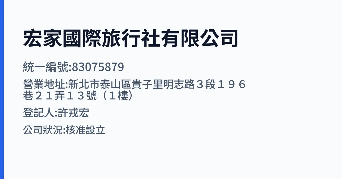 宏家國際旅行社有限公司 - 統編 83075879(新北市) 公司登記資料與營業項目詳細圖表
