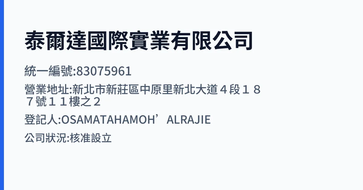 泰爾達國際實業有限公司 - 統編 83075961(新北市) 公司登記資料與營業項目詳細圖表