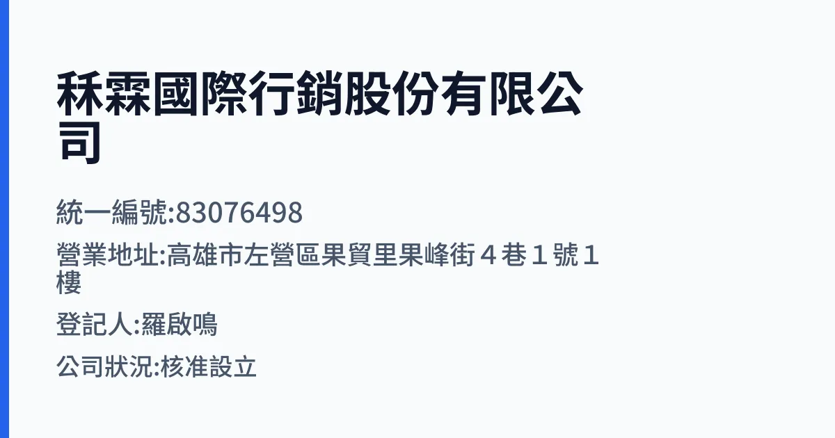 秝霖國際行銷股份有限公司 - 統編 83076498(高雄市) 公司登記資料與營業項目詳細圖表