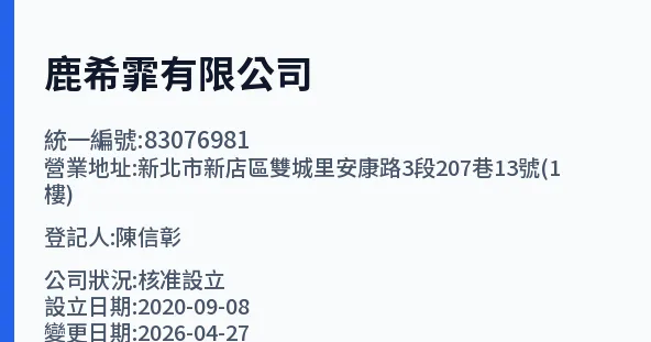 鹿希霏有限公司的照片-統編 83076981(新北市) 公司登記資料與營業項目詳細圖表