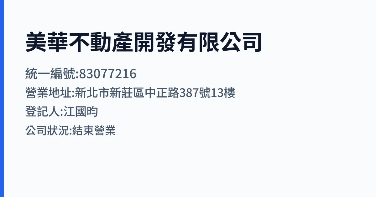 美華不動產開發有限公司 - 統編 83077216(新北市) 公司登記資料與營業項目詳細圖表