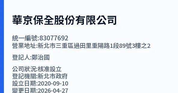 華京保全股份有限公司的照片-統編 83077692(新北市) 公司登記資料與營業項目詳細圖表