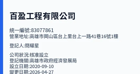 百盈工程有限公司的照片-統編 83077861(高雄市) 公司登記資料與營業項目詳細圖表