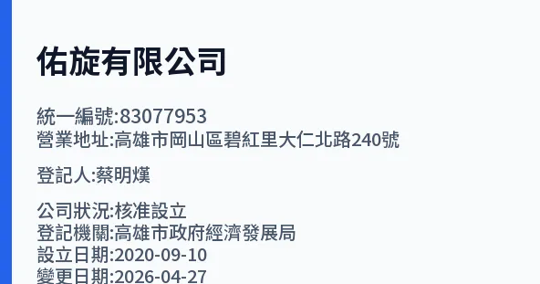 佑旋有限公司的照片-統編 83077953(高雄市) 公司登記資料與營業項目詳細圖表