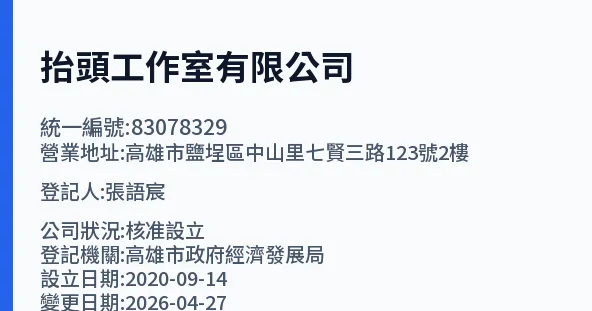 抬頭工作室有限公司的照片-統編 83078329(高雄市) 公司登記資料與營業項目詳細圖表