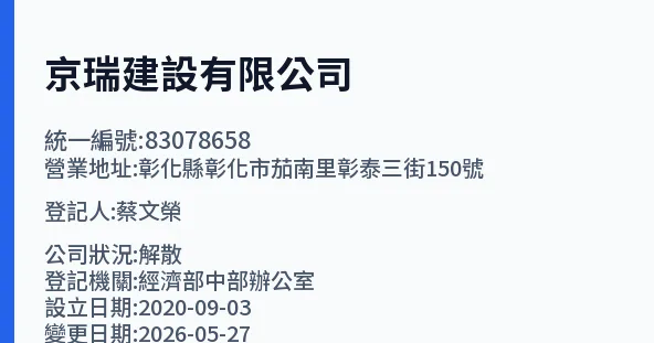 京瑞建設有限公司的照片-統編 83078658(彰化縣) 公司登記資料與營業項目詳細圖表
