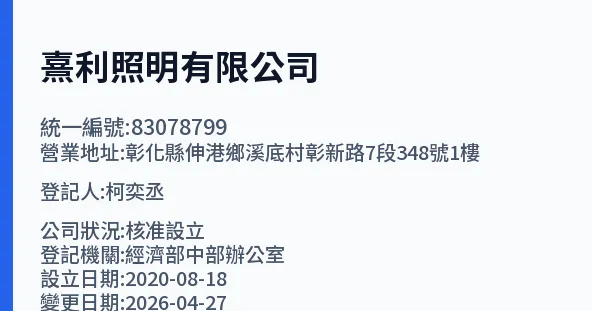 熹利照明有限公司的照片-統編 83078799(彰化縣) 公司登記資料與營業項目詳細圖表