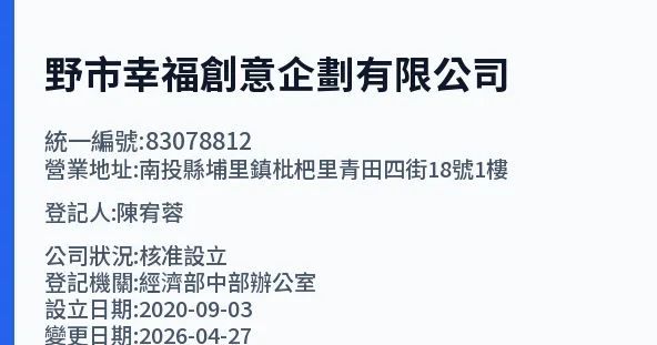 野市幸福創意企劃有限公司的照片-統編 83078812(南投縣) 公司登記資料與營業項目詳細圖表