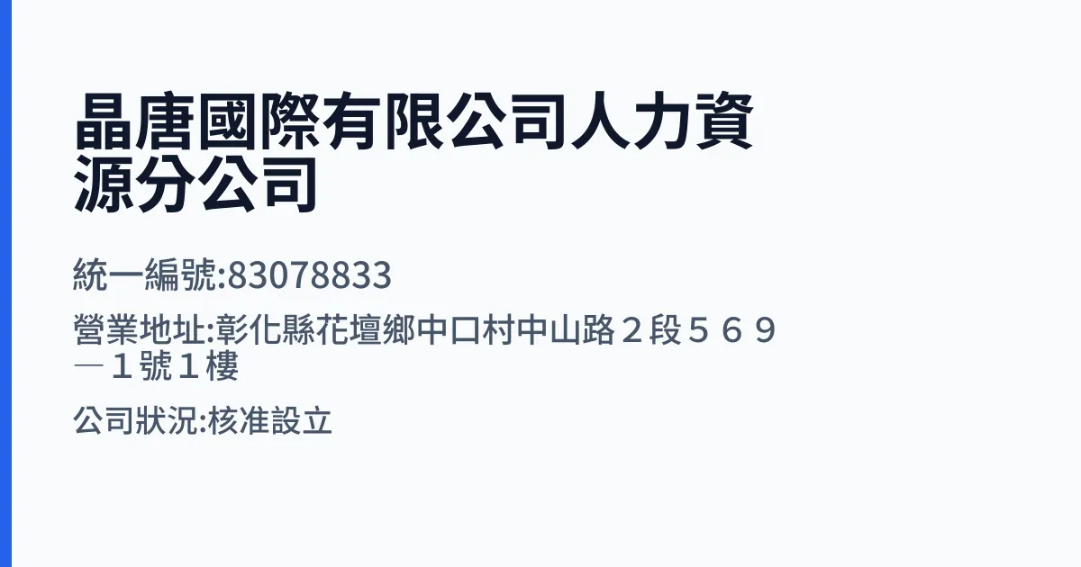 晶唐國際有限公司人力資源分公司 - 統編 83078833(彰化縣) 公司登記資料與營業項目詳細圖表