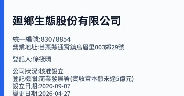 廻鄉生態股份有限公司的照片-統編 83078854(苗栗縣) 公司登記資料與營業項目詳細圖表