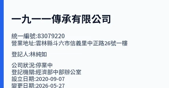 一九一一傳承有限公司的照片-統編 83079220(雲林縣) 公司登記資料與營業項目詳細圖表