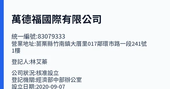 萬德福國際有限公司的照片-統編 83079333(苗栗縣) 公司登記資料與營業項目詳細圖表