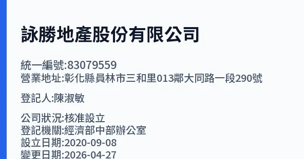 詠勝地產股份有限公司的照片-統編 83079559(彰化縣) 公司登記資料與營業項目詳細圖表
