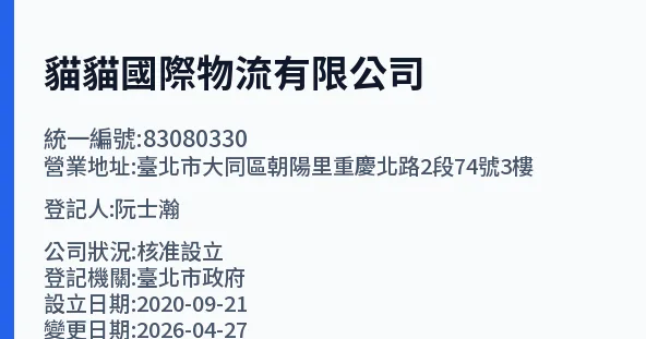 貓貓國際物流有限公司的照片-統編 83080330(臺北市) 公司登記資料與營業項目詳細圖表