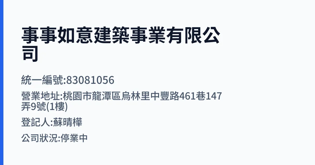 事事如意建築事業有限公司 - 統編 83081056(桃園市) 公司登記資料與營業項目詳細圖表