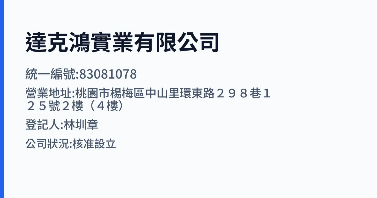達克鴻實業有限公司 - 統編 83081078(桃園市) 公司登記資料與營業項目詳細圖表