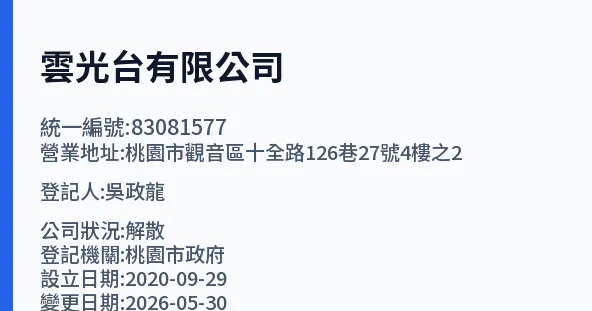 雲光台有限公司的照片-統編 83081577(桃園市) 公司登記資料與營業項目詳細圖表