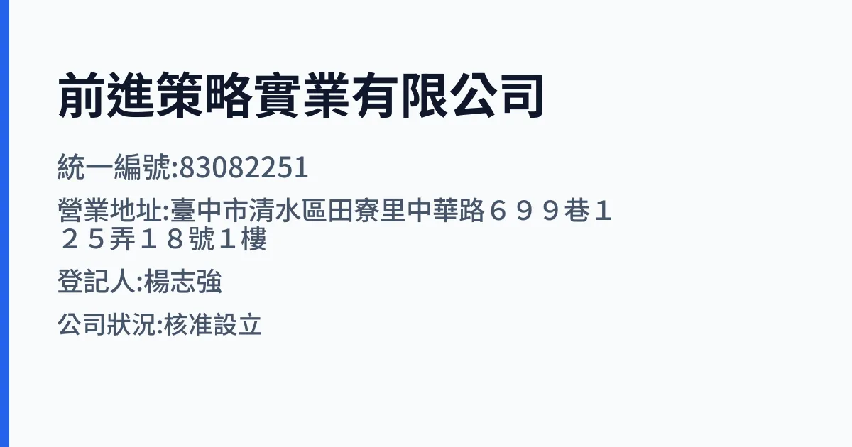前進策略實業有限公司 - 統編 83082251(臺中市) 公司登記資料與營業項目詳細圖表