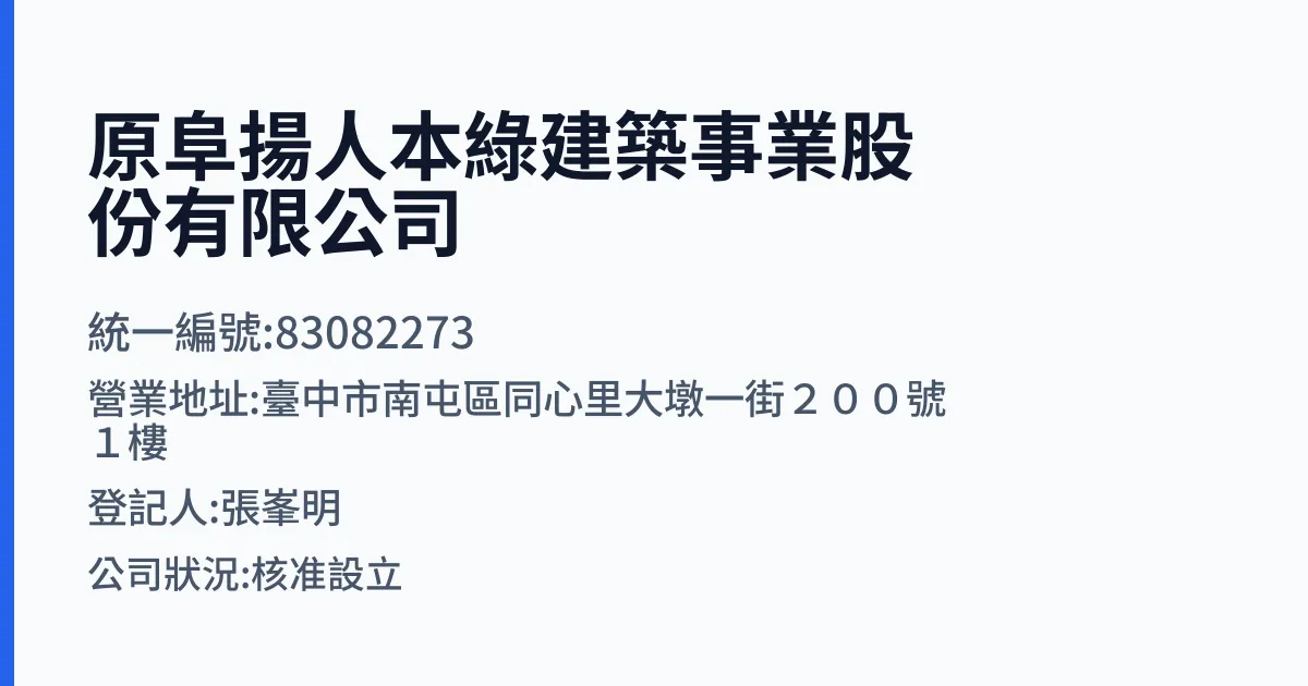 原阜揚人本綠建築事業股份有限公司 - 統編 83082273(臺中市) 公司登記資料與營業項目詳細圖表