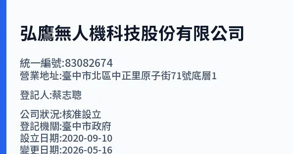 弘鷹無人機科技股份有限公司的照片-統編 83082674(臺中市) 公司登記資料與營業項目詳細圖表