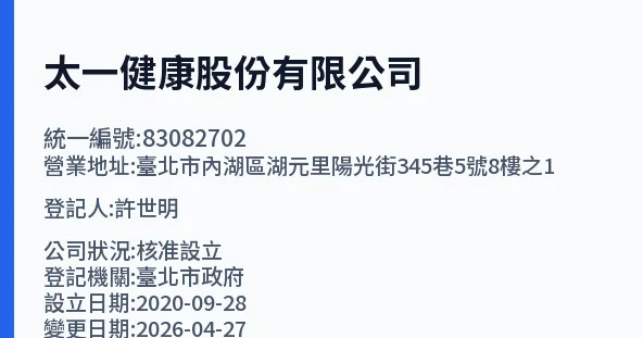 太一健康股份有限公司的照片-統編 83082702(臺北市) 公司登記資料與營業項目詳細圖表