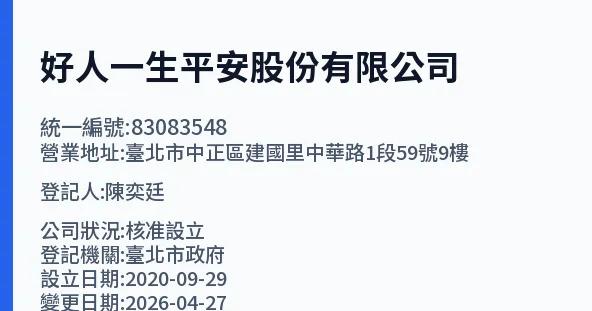 好人一生平安股份有限公司的照片-統編 83083548(臺北市) 公司登記資料與營業項目詳細圖表