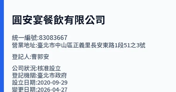 圓安宴餐飲有限公司的照片-統編 83083667(臺北市) 公司登記資料與營業項目詳細圖表