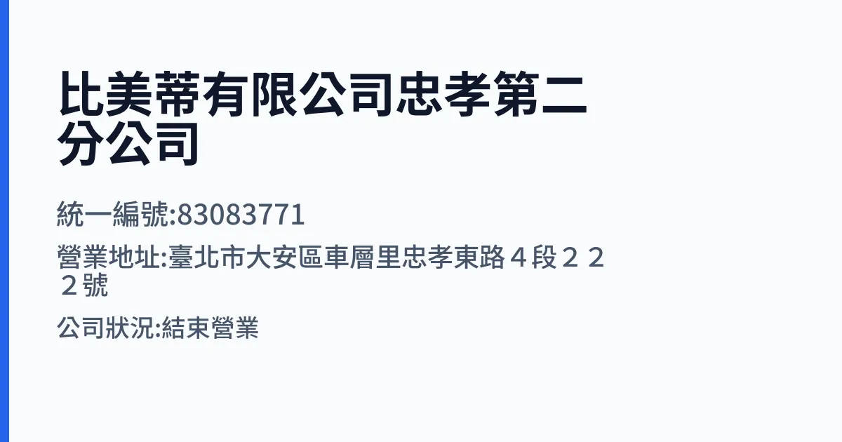 比美蒂有限公司忠孝第二分公司 - 統編 83083771(臺北市) 公司登記資料與營業項目詳細圖表
