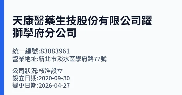 天康醫藥生技股份有限公司躍獅學府分公司的照片-統編 83083961(新北市) 公司登記資料與營業項目詳細圖表