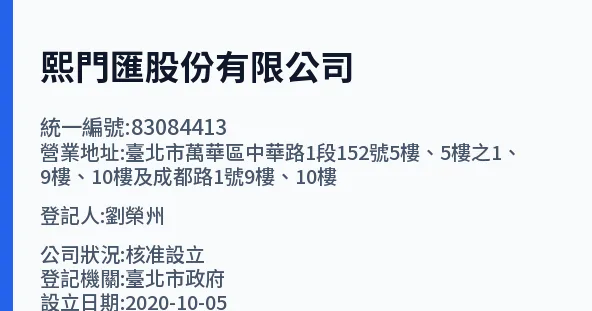 熙門匯股份有限公司的照片-統編 83084413(臺北市) 公司登記資料與營業項目詳細圖表