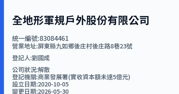全地形軍規戶外股份有限公司的照片-統編 83084461(屏東縣) 公司登記資料與營業項目詳細圖表