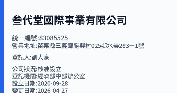 叁代堂國際事業有限公司的照片-統編 83085525(苗栗縣) 公司登記資料與營業項目詳細圖表