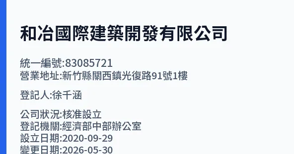 和冶國際建築開發有限公司的照片-統編 83085721(新竹縣) 公司登記資料與營業項目詳細圖表