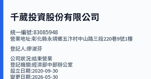 千葳投資股份有限公司的照片-統編 83085948(彰化縣) 公司登記資料與營業項目詳細圖表